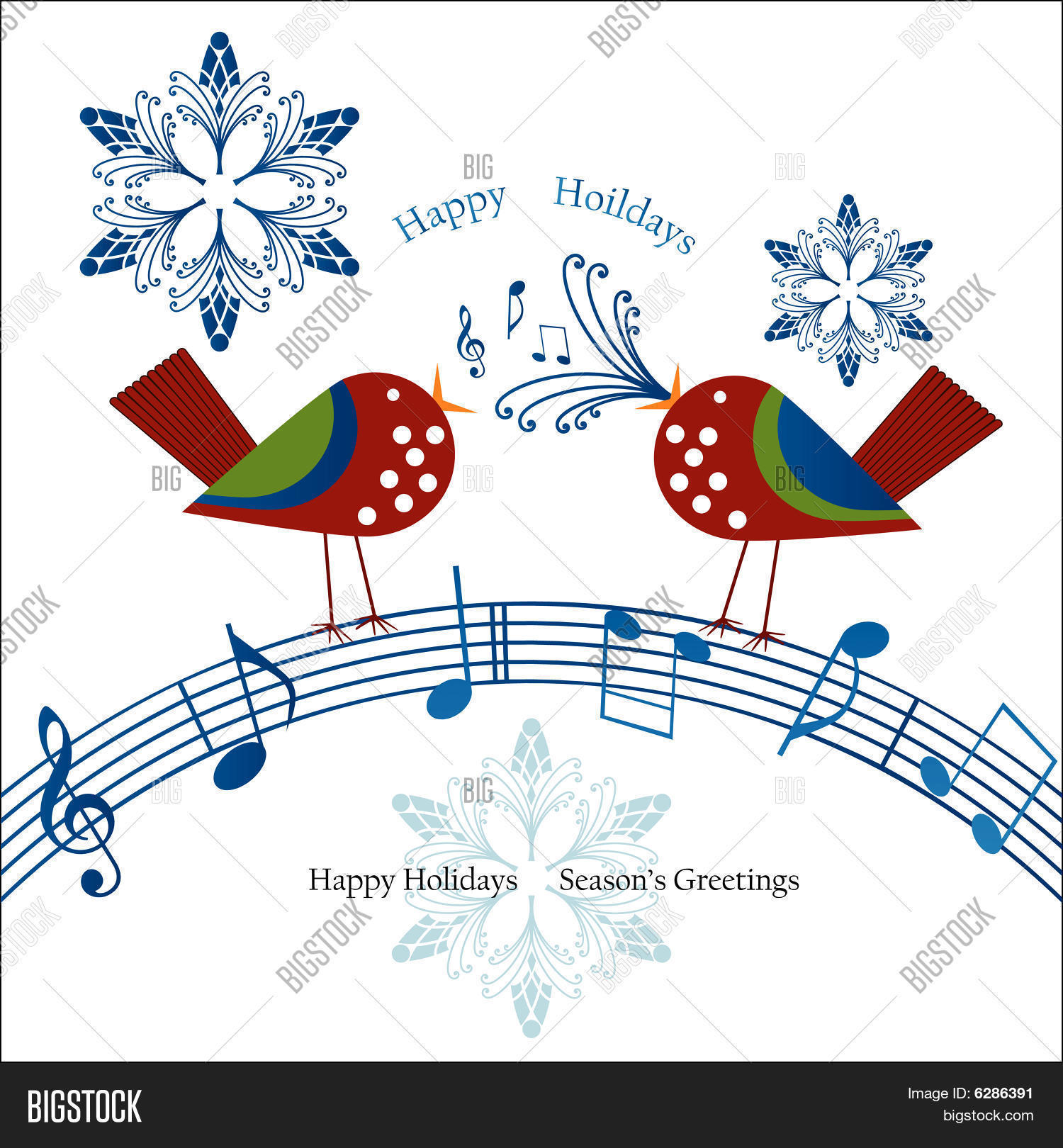 Whimsical Birds Singing Over Musical Notes Christmas Stock Vector ...