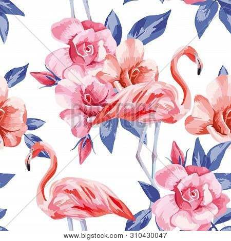 Seamless Composition Pink Flamingo And Roses With Blue Leaves Cool ...