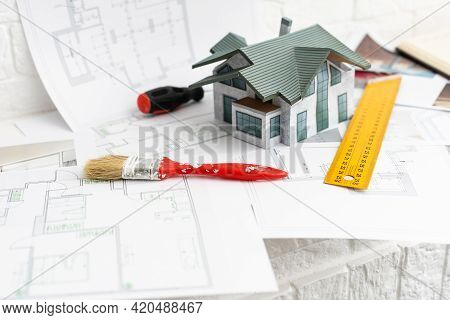 Construction Blueprints With Tools And Tablet, Top View - Stock Image ...