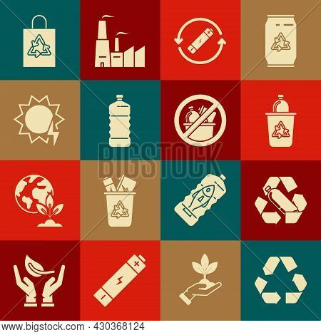 Set Recycle Symbol, Recycling Plastic Bottle, Bin With Recycle, Battery Line, Plastic, Solar ...