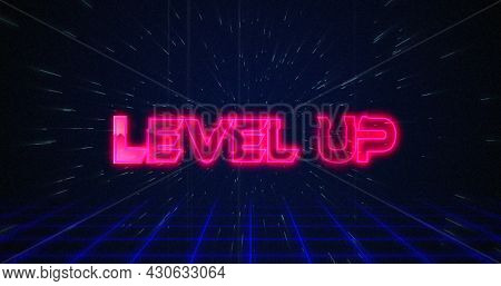 Image of retro Level Up text glitching over blue and red lines against ...