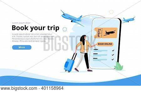 Online Booking Service Vector Illustration. Woman With Luggage Book ...