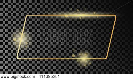 Gold Glowing Rounded Rectangular Shape Frame Isolated On Dark Transparent Background. Shiny ...