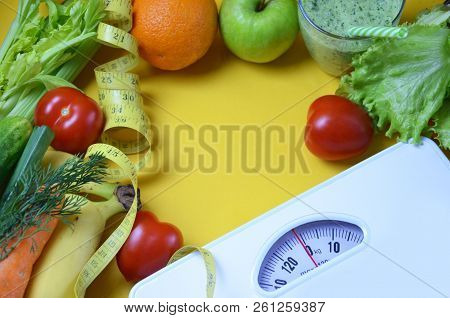 Diet And Healthy Life Concept. Green Apple And Weight Scale, Measure ...