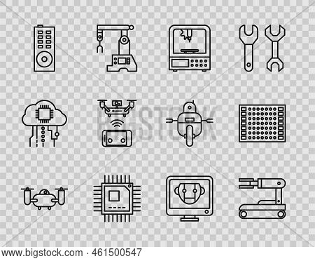Set Line Drone Flying With Action Camera, Robot, 3d Printer, Processor Microcircuits Cpu, Remote ...