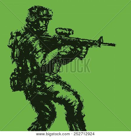 Brave Soldier With Rifle In Action. Military Art And Sketches. Vector ...