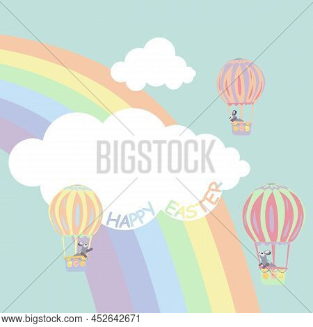 Easter Bunnies Fly Across The Sky Sky With Rainbow In A Balloon Among ...