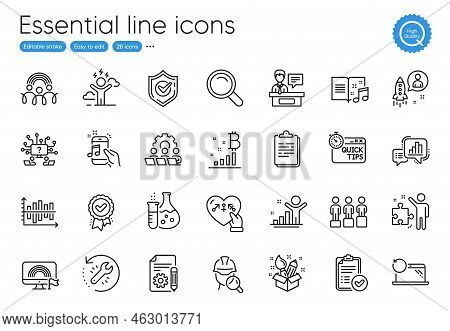 Quick Tips, Difficult Stress And Chemistry Flask Line Icons. Collection Of Inspect, Genders ...