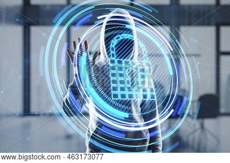 Hacker Hand Using Glowing Padlock Hologram On Blurry Office Interior Background. Secure, Data ...