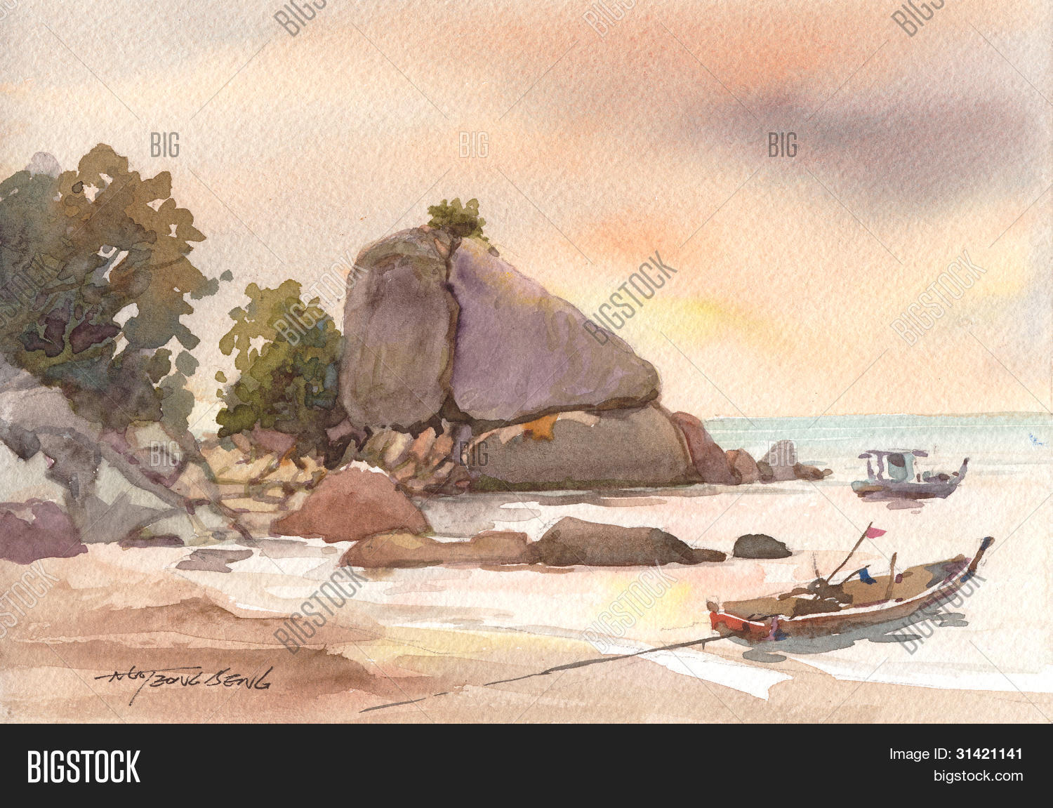 Beach Scene Watercolor Image & Photo (Free Trial) | Bigstock