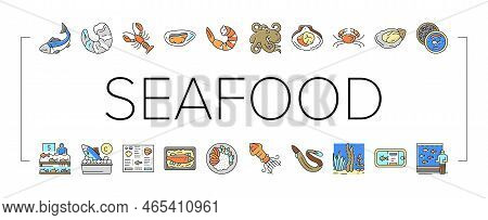Seafood Cooked Food Dish Menu Icons Set Vector. Shrimp And Shellfish ...
