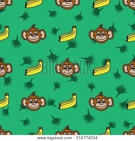 Funny Seamless Pattern With Monkey Faces, Bananas And Palm Leaves Drawn ...