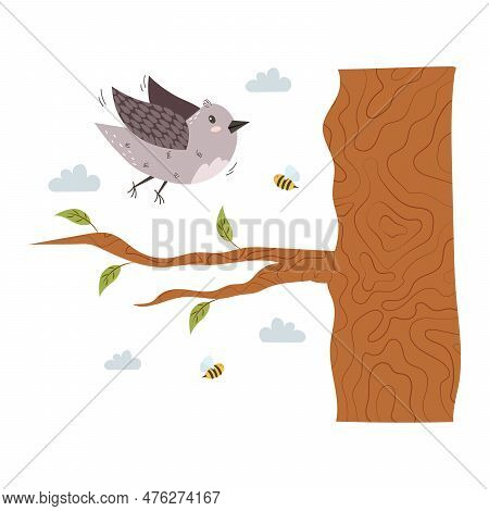 Bird On Tree Limb Cartoon