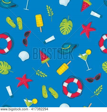 A Pattern Of Summer Elements On A Blue Background Isolated, A Seamless ...