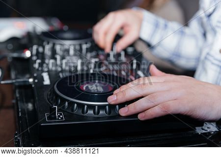 Djs Hands Mix Music On The Mixer Close-up. Dj Mixer, Dj Mix Music On ...