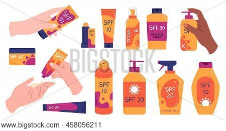 Sun Safety Collection. Hands With Bottles And Tubes With Sunscreen ...