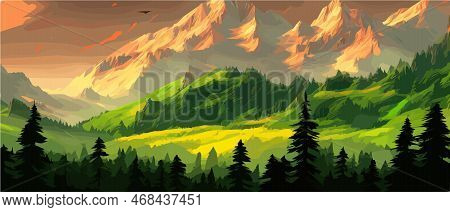 Foggy Mountains With Coniferous Forest Vector Illustration. Smokey ...