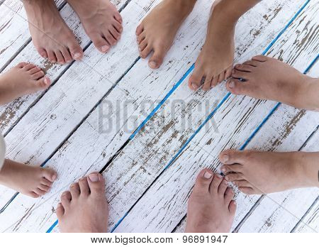 White wood texture with group feet copy space background - Stock Image ...