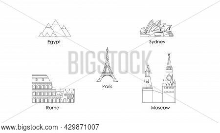 World Monuments Of Architecture. Decorative Icons, Set With Eiffel ...