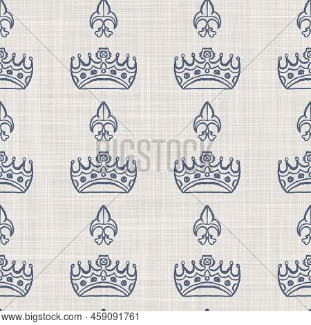 French Blue Crown Motif Seamless Pattern. Tonal Country Cottage Style ...