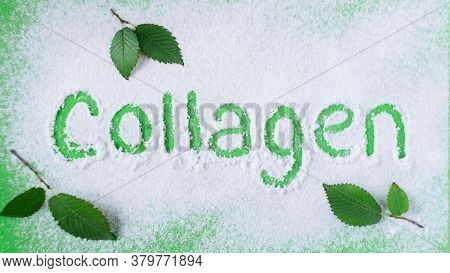 Collagen Protein Powder On Green Background With Green Leaves. Natural ...