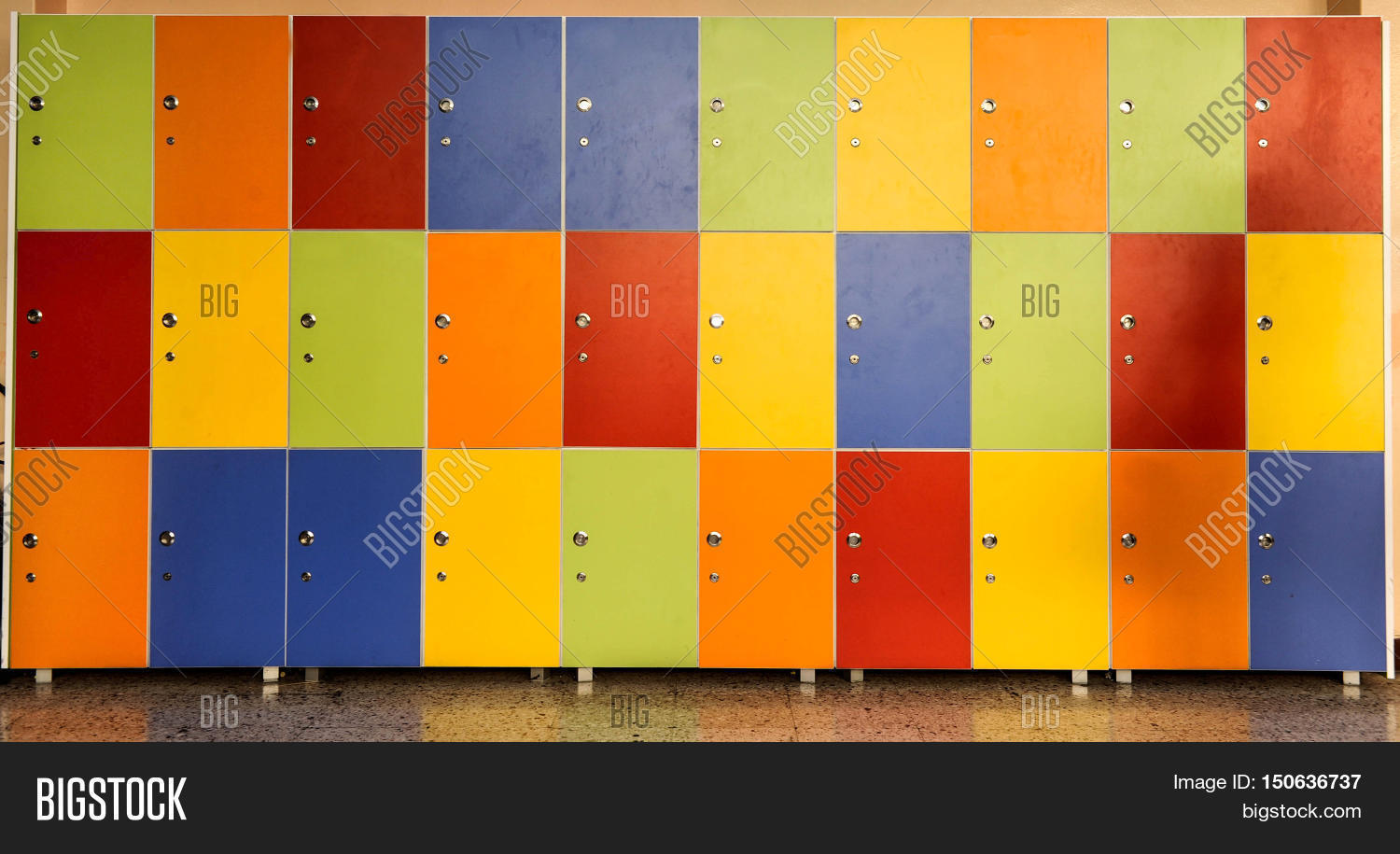 Wooden multi color painted school lockers in hallway Stock Photo ...