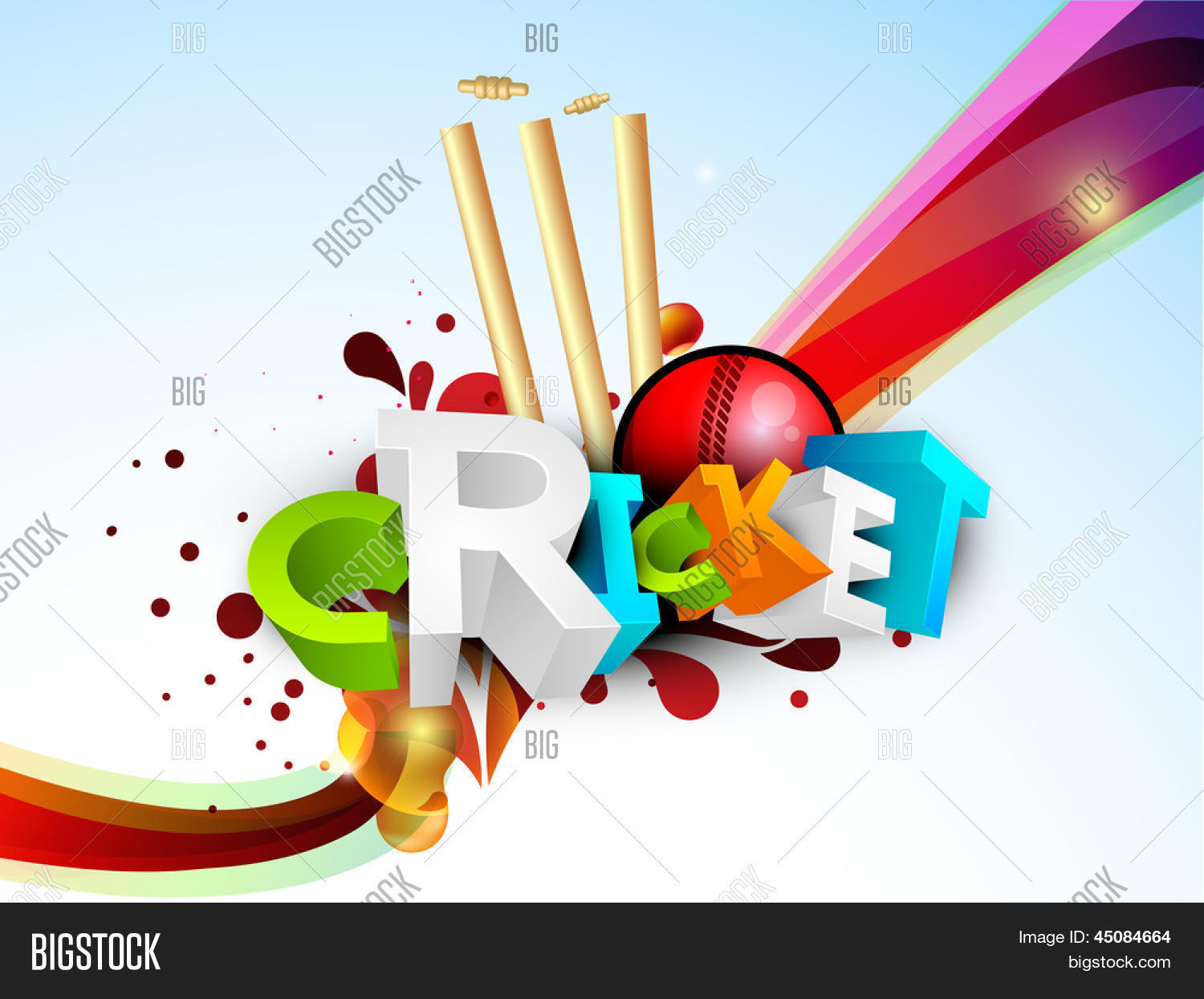 Abstract 3D colorful text Cricket with ball and stumps on wave ...