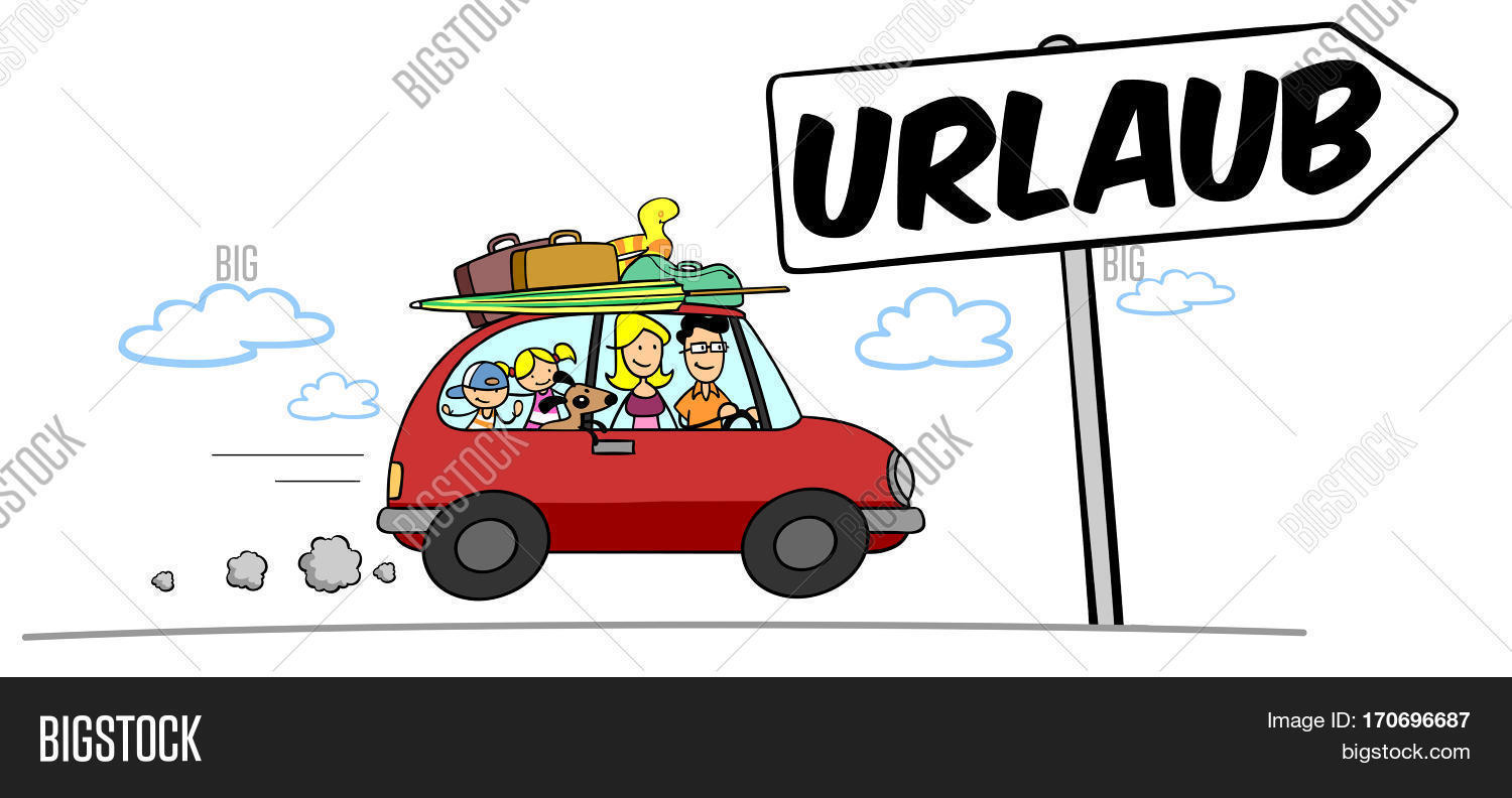 Cartoon family driving with car into summer vacation with German sign ...