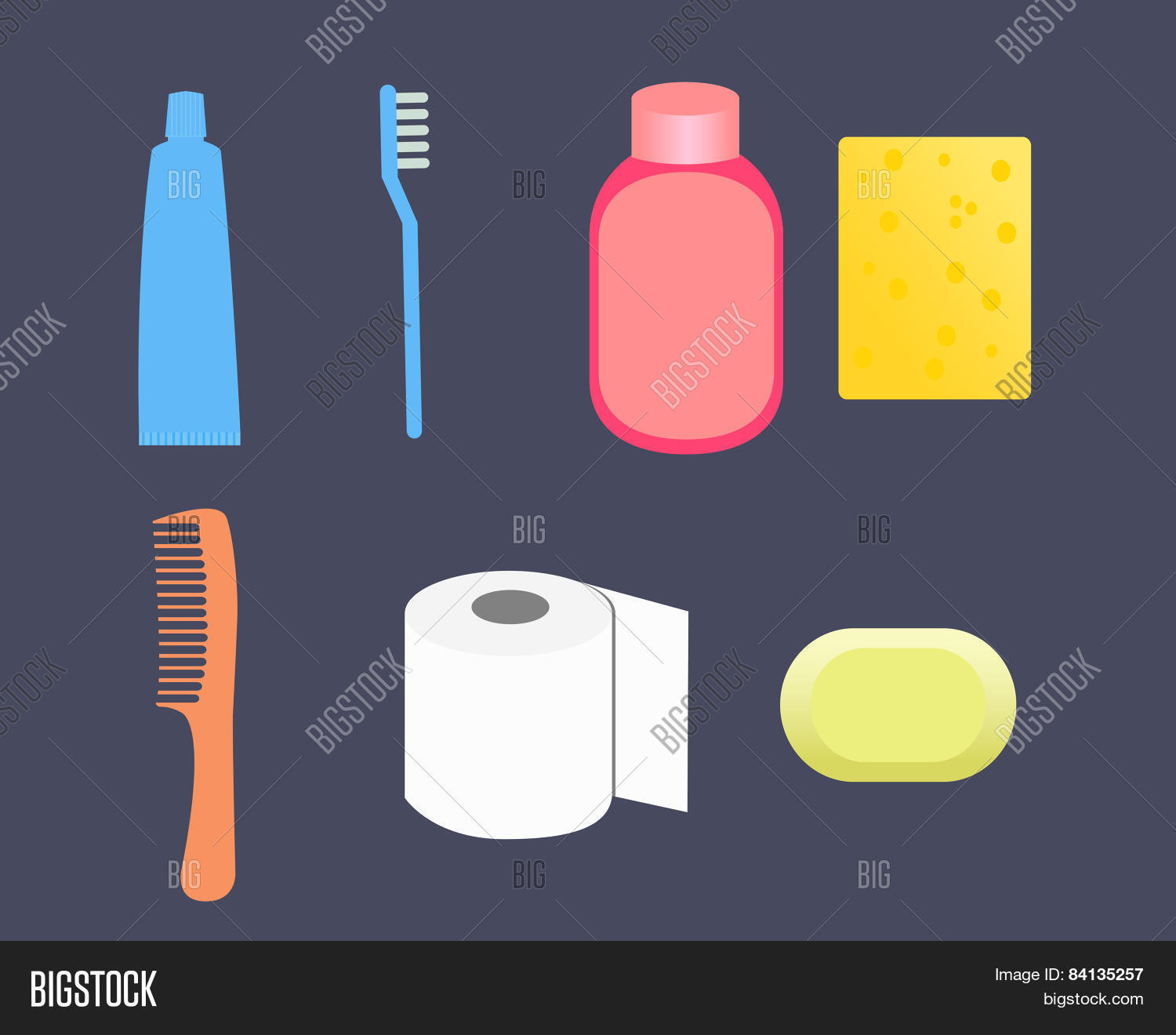 Set toiletries. Toothpaste, shampoo, washcloth, comb, toilet paper ...
