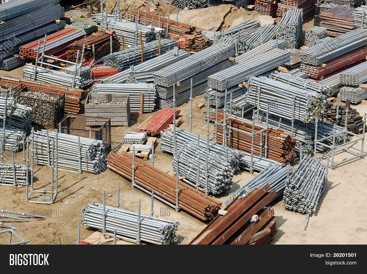 Storage yard at construction site with scaffolding components Stock ...