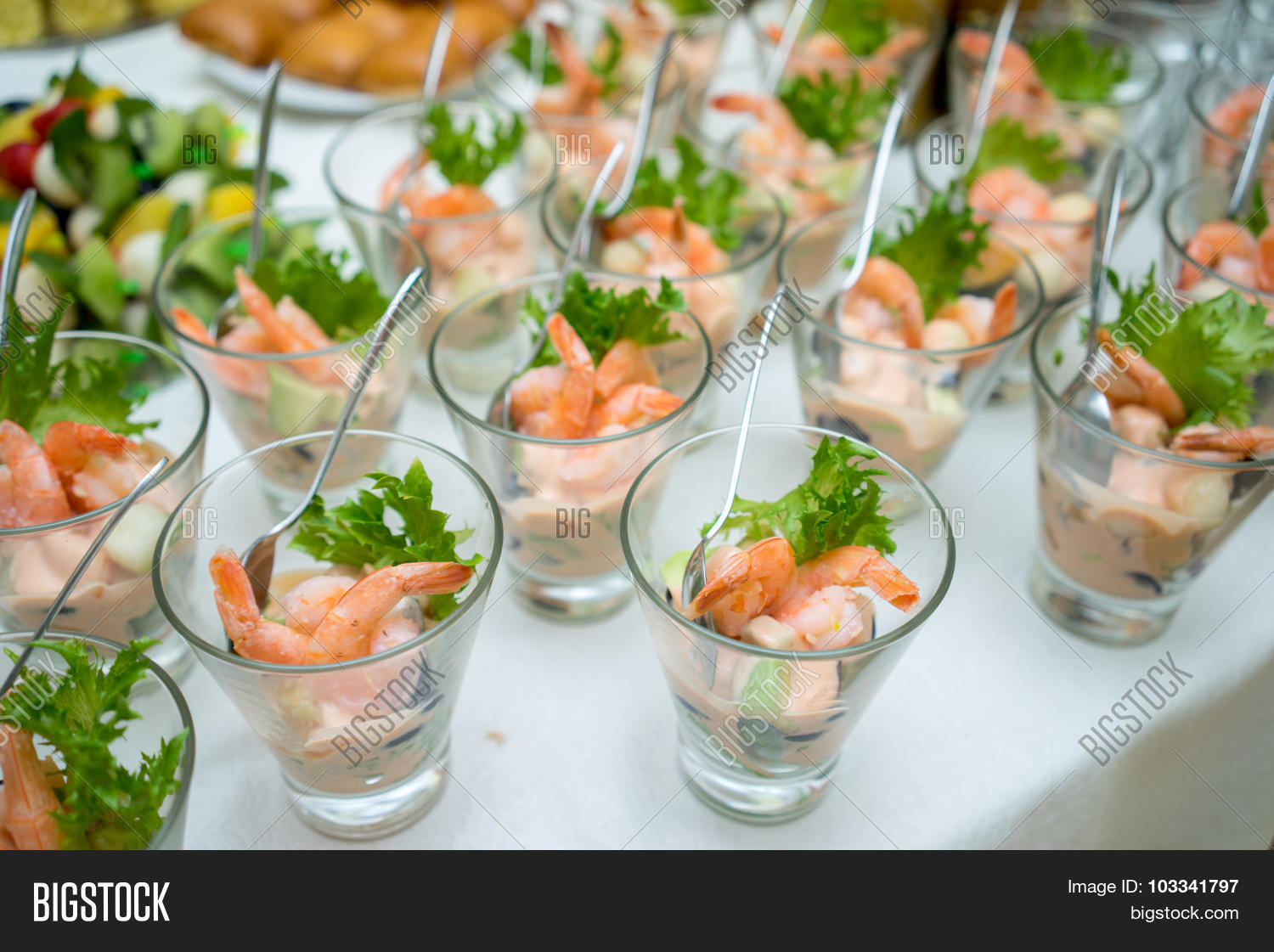 Shrimp Or Prawn Cocktail Snacks In Shot Glasses On Table. Healthy ...
