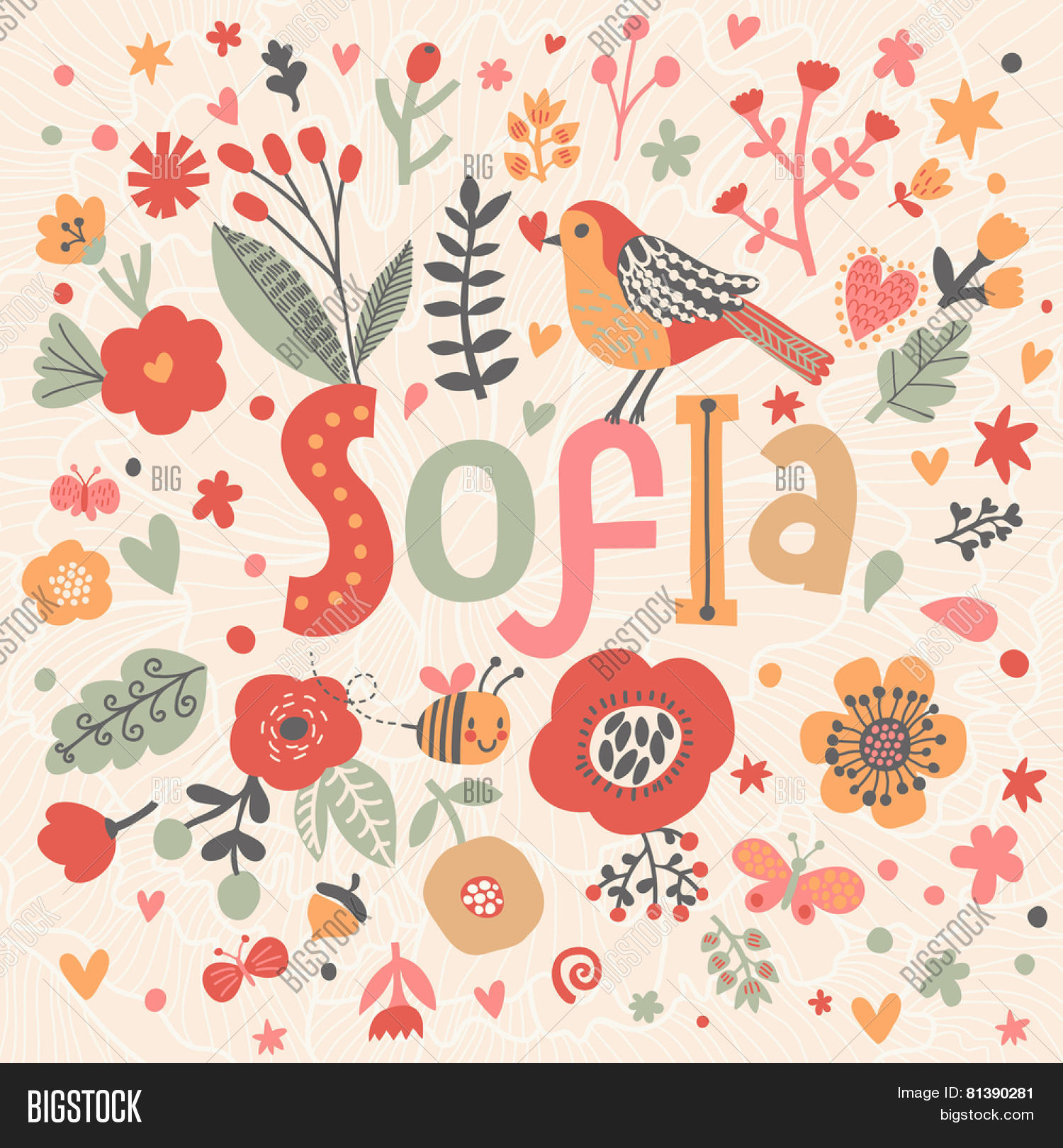 Bright card with beautiful name Sofia in poppy flowers, bees and ...