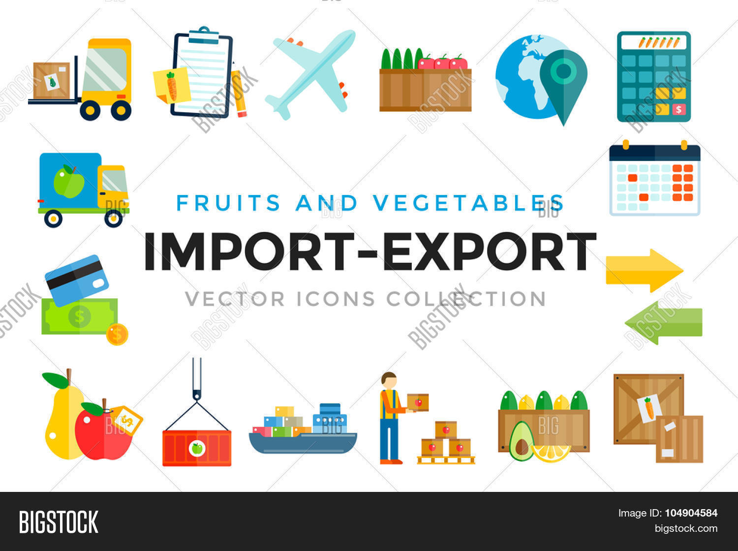 Import export fruits and vegetables delivery vector icons set. Vector ...