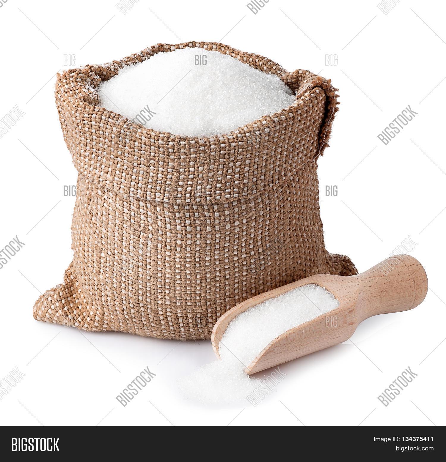 sugar in burlap sack with wooden scoop isolated on white background ...