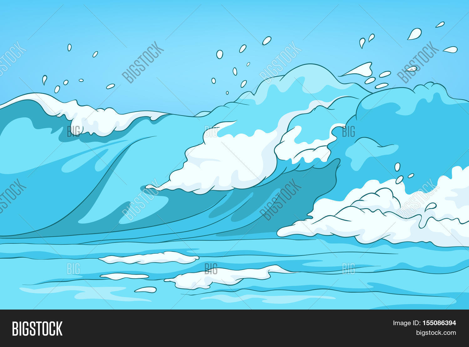 Hand drawn cartoon of sea landscape. Colourful cartoon of sea or ocean ...