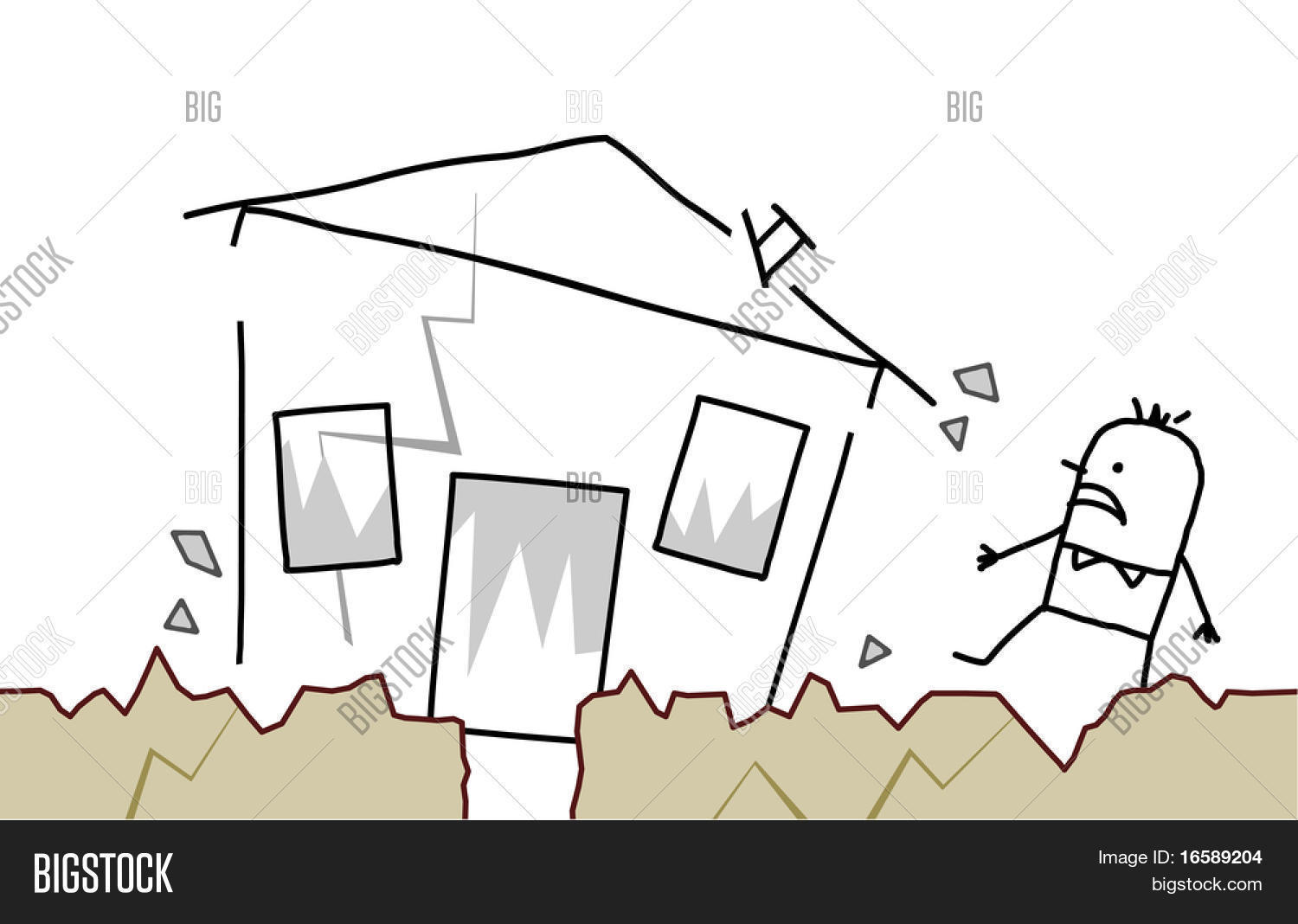 hand drawn cartoon character - man with house & earthquake Stock Vector ...