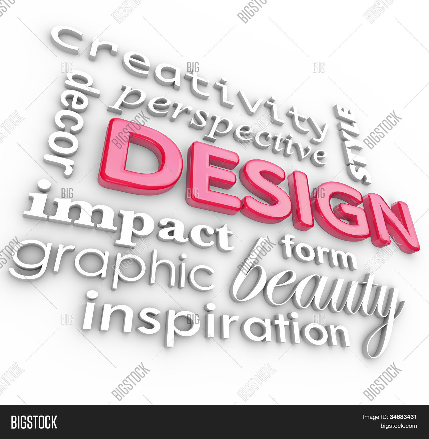 The word Design and related words in a collage representing creativity ...