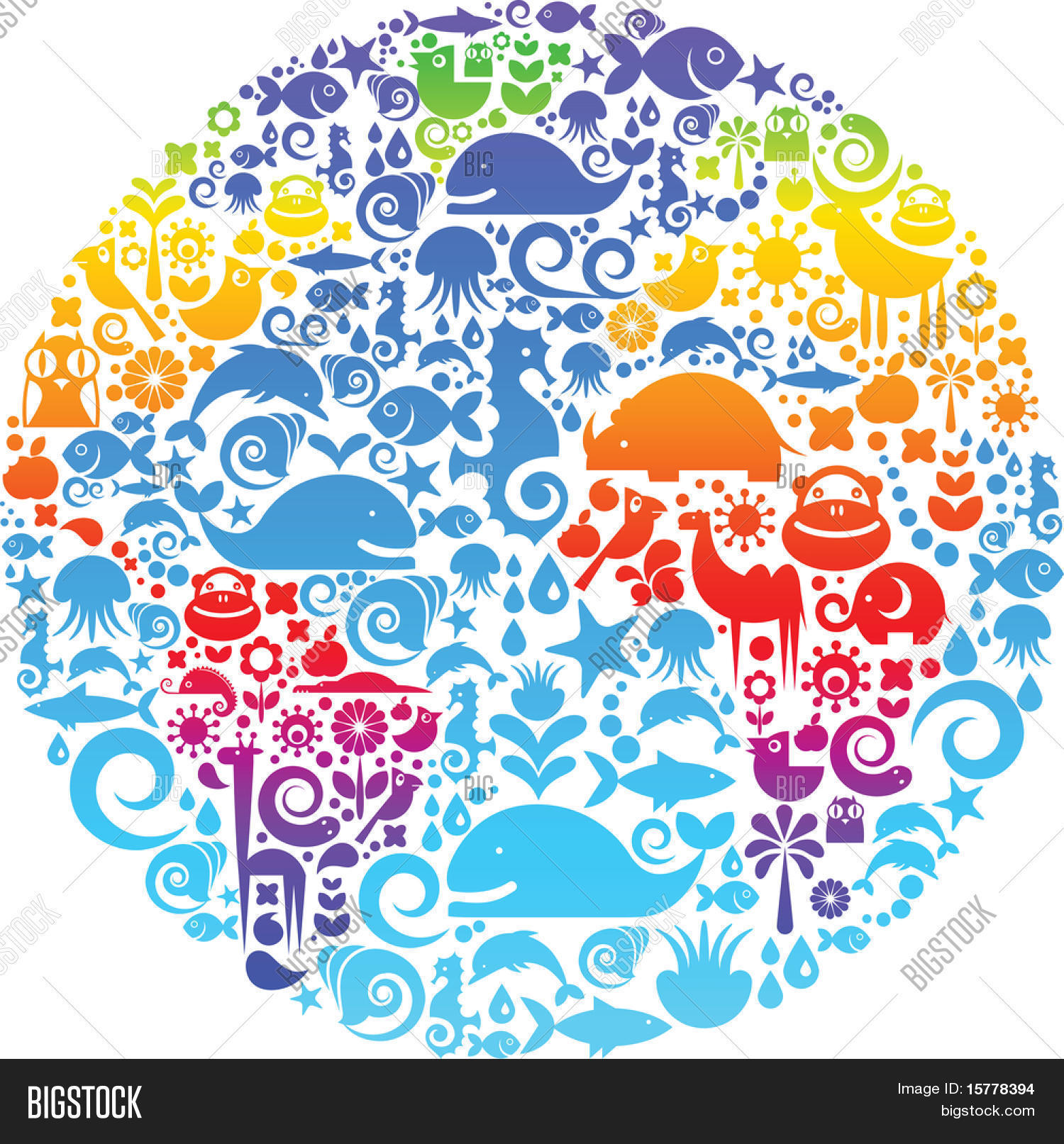 Collection of environmental signs and symbols on a background of ...