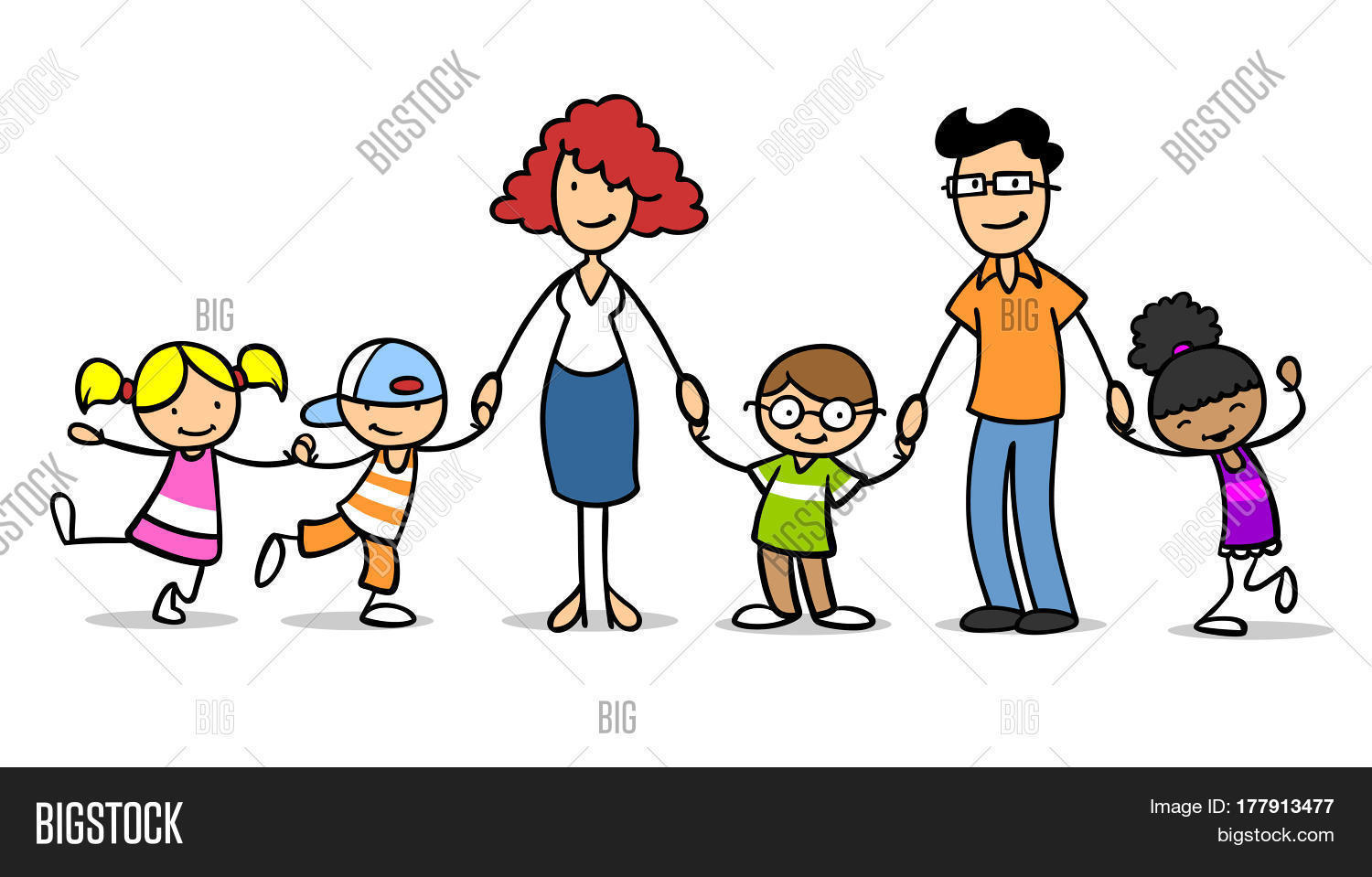 Different happy cartoon children in a foster family or adoptive family ...