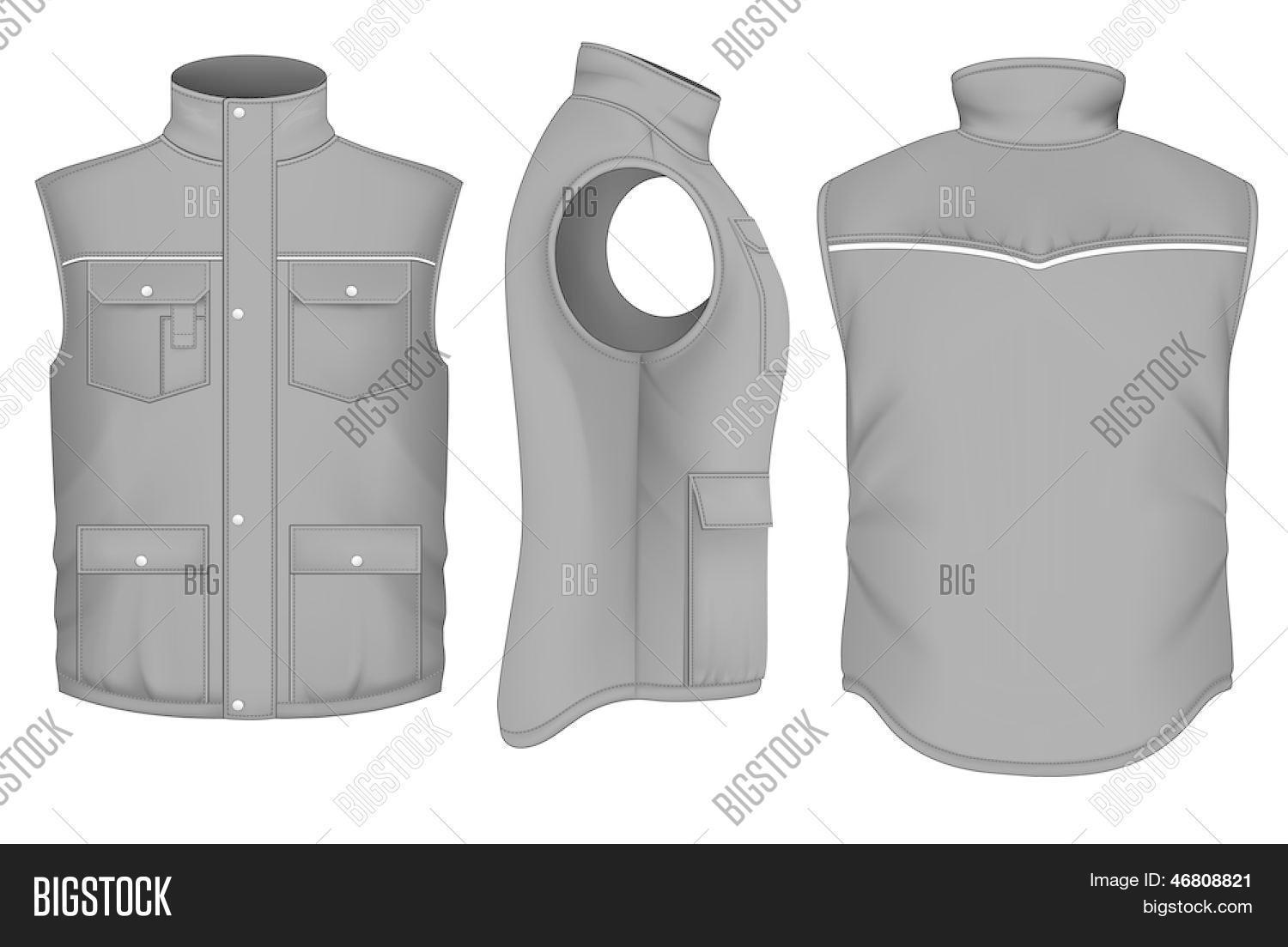 Men's body warmer design templates (front, back and side views). Vector ...